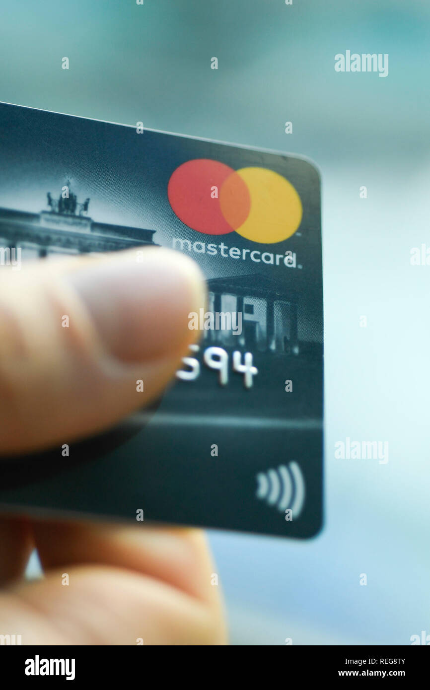 Berlin, Germany. 22nd Jan, 2019. A Mastercard credit card is held in ...