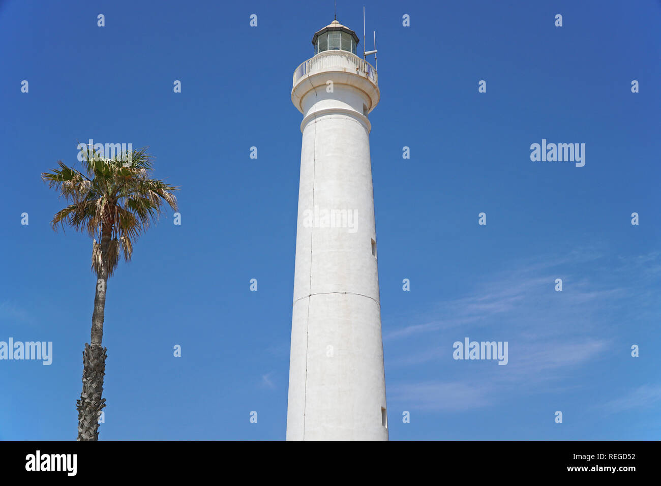 Lighthouse with palm tree at Punta Secca or Faro Di Punta Secca Stock ...