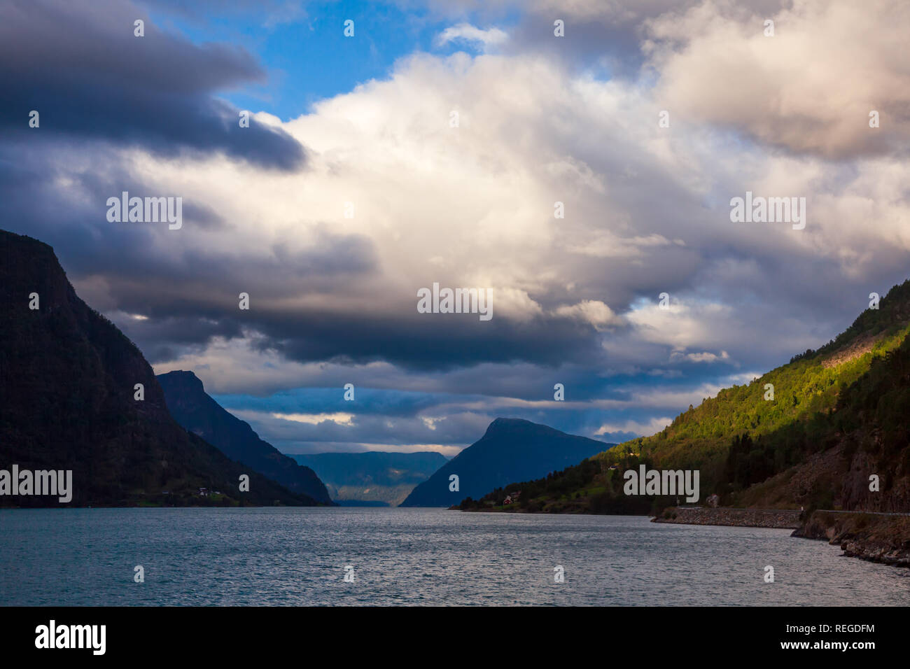 Dramatic sky over the Lustrafjord or Lustrafjorden fjord, branch of ...