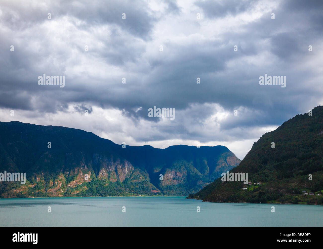 Stormy sky over the Lustrafjord or Lustrafjorden fjord, branch of ...
