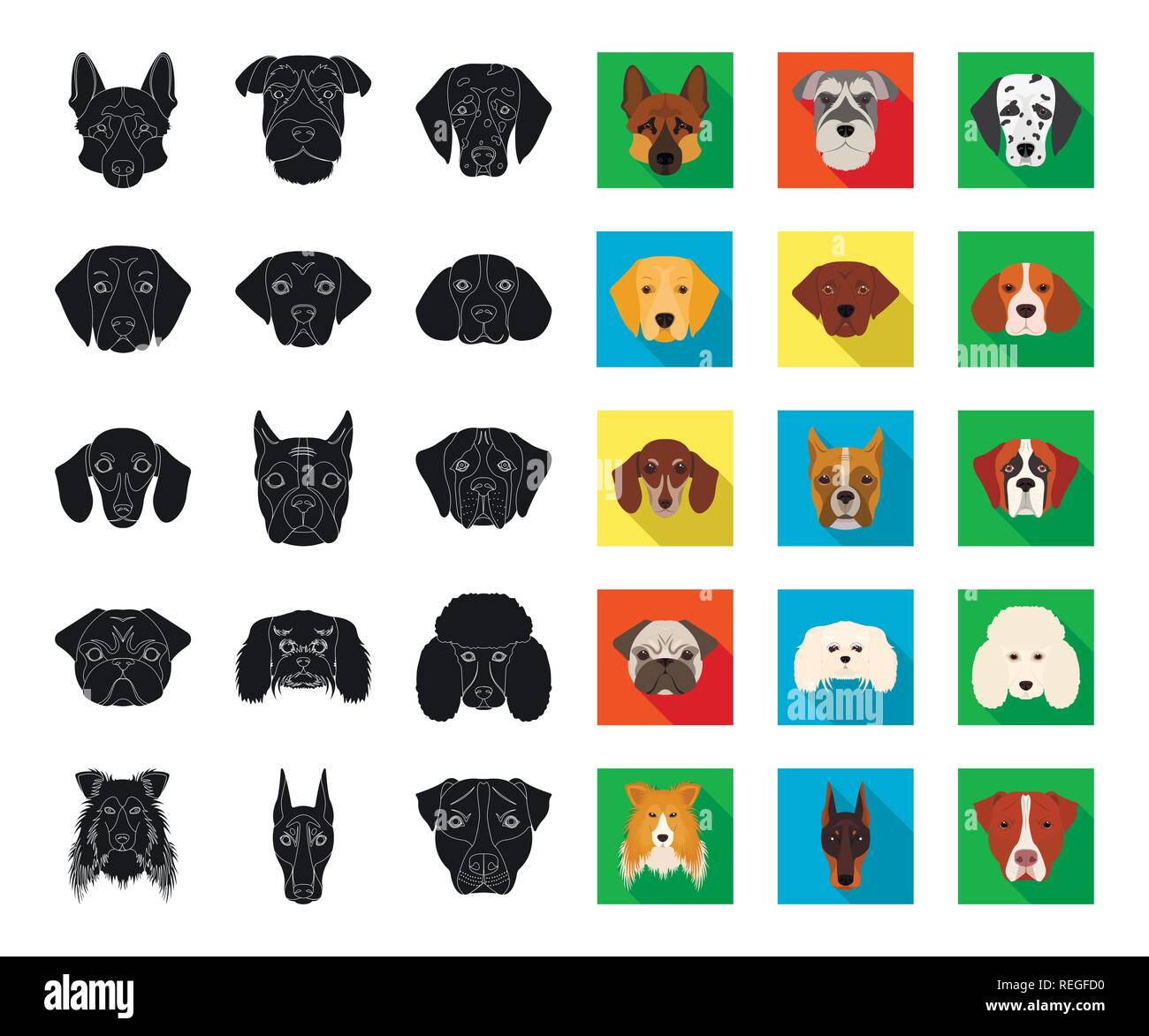 Dog breeds black,flat icons in set collection for design.Muzzle of a ...