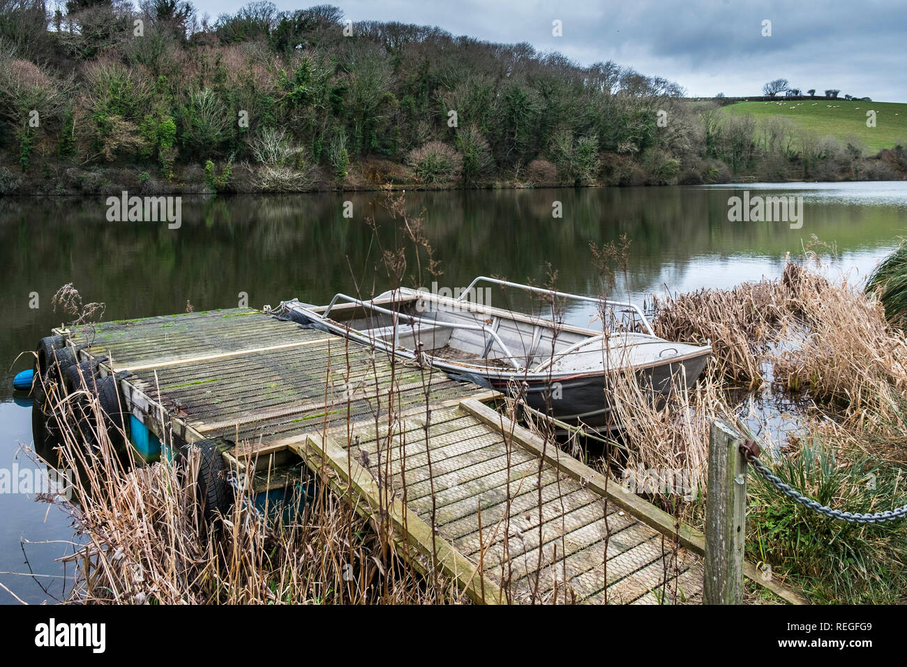 A fishing pontoon with diabled acces at Porth Reservoir in Cornwall ...