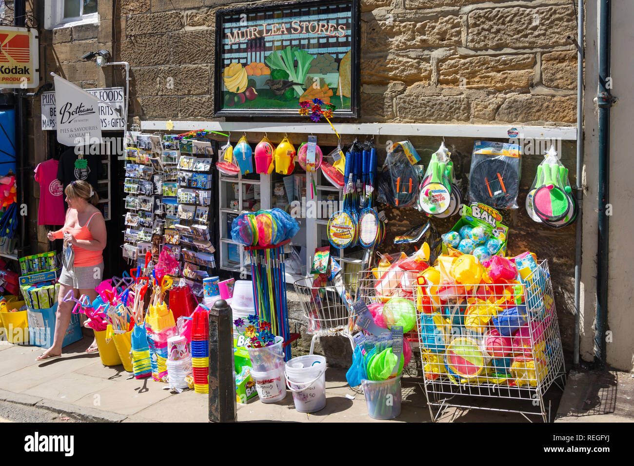Beach gear display, Muir Lea Stores, New Road, Robin Hood’s Bay, North ...