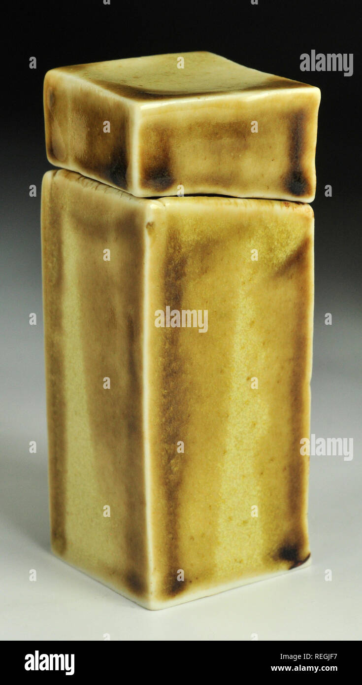 Smoky brown rectangular patterned slab formed ceramic glazed lidded box ...