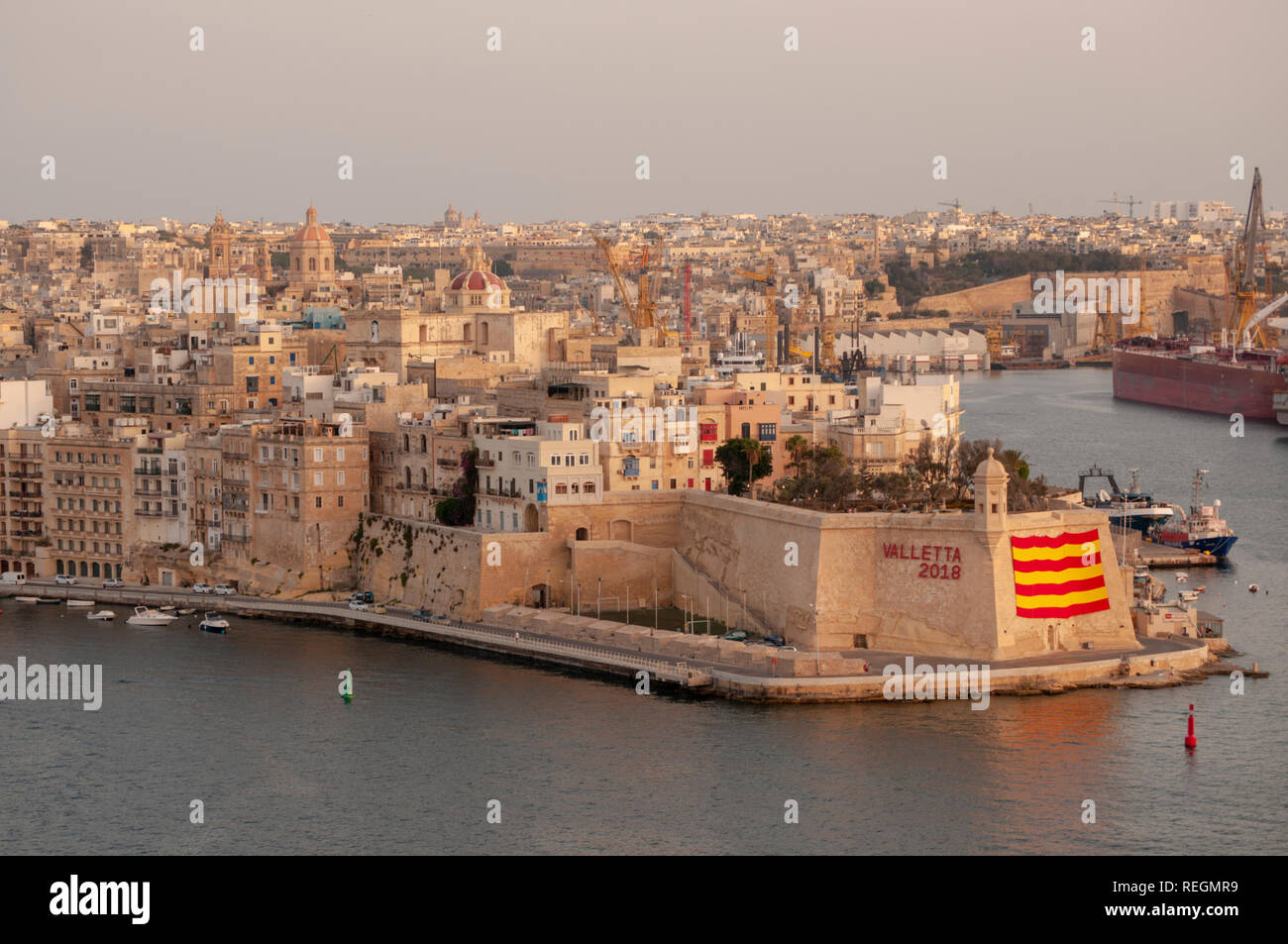View of Senglea town across the Grand Harbour from the Upper Barrakka ...