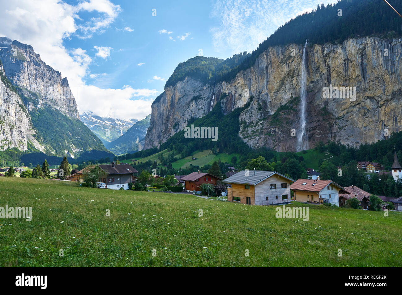 Landscape panorama of Lauterbrunnen Valley with waterfall, Switzerland ...