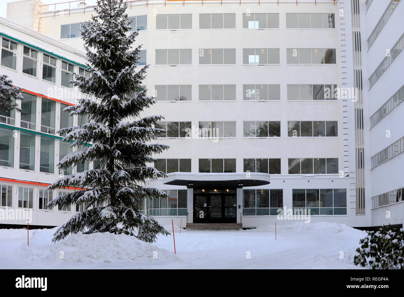 Entrance to Paimio Sanatorium in winter. The sanatorium was designed by ...