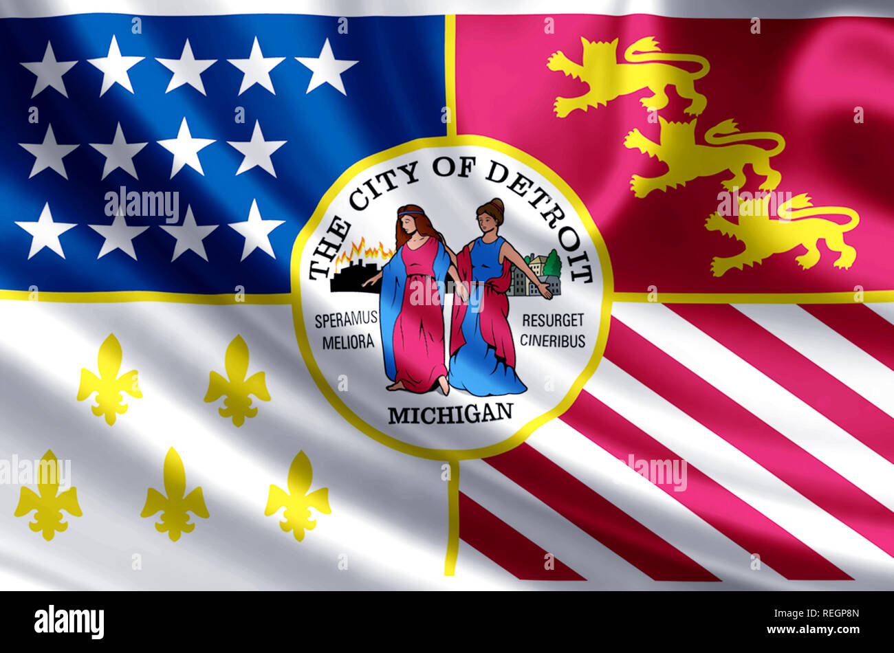 Detroit Michigan waving and closeup flag illustration. Perfect for ...