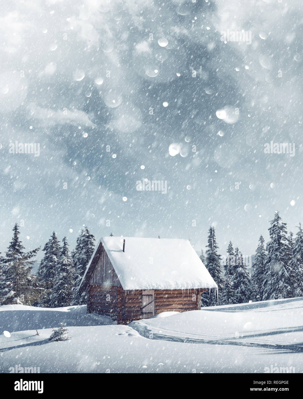 Fantastic winter landscape with wooden house in snowy mountains ...