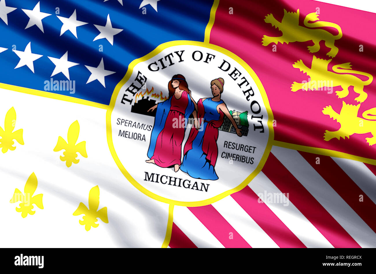 Detroit Michigan waving and closeup flag illustration. Perfect for ...