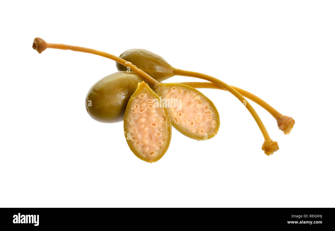 Pickled caper berries isolated on white background. Full dept of field ...
