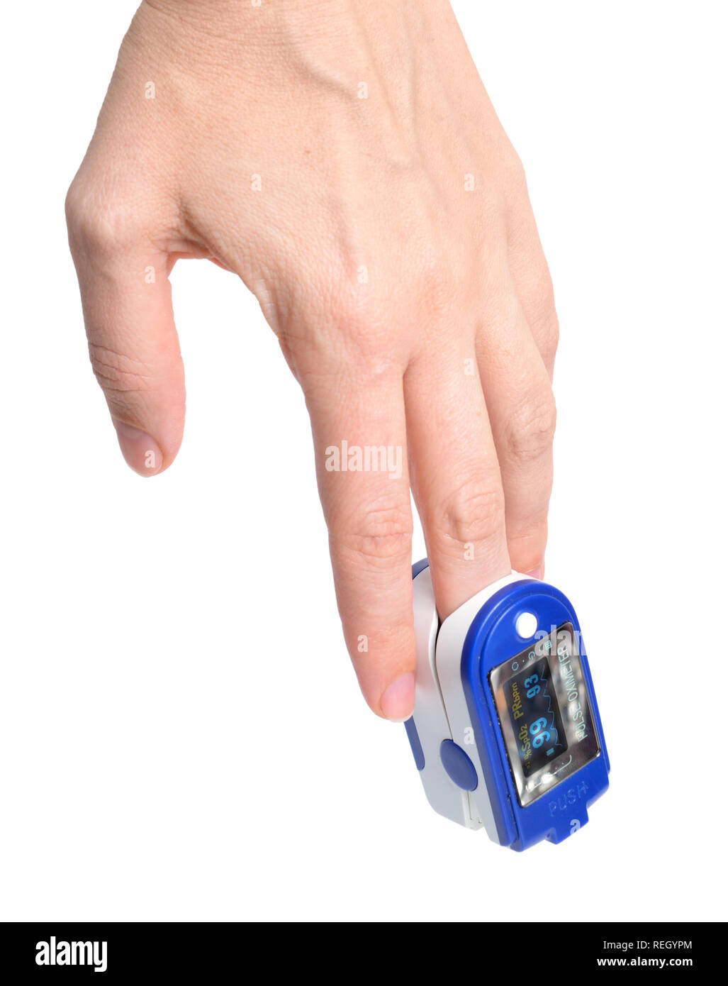 Pulse oximeter with hand of patient isolated on white background Stock ...