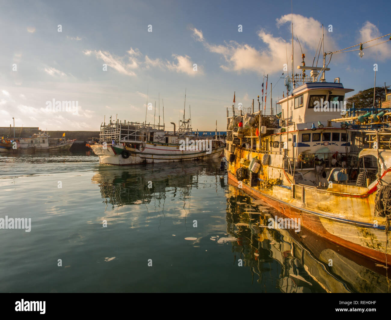 Fuji, Taiwan - October 03, 2016: Fishing boats of different size in ...