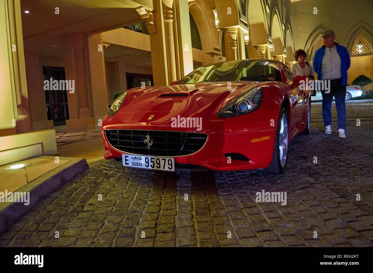 Red sportscar Ferrari California in the city streets of Dubai Stock ...