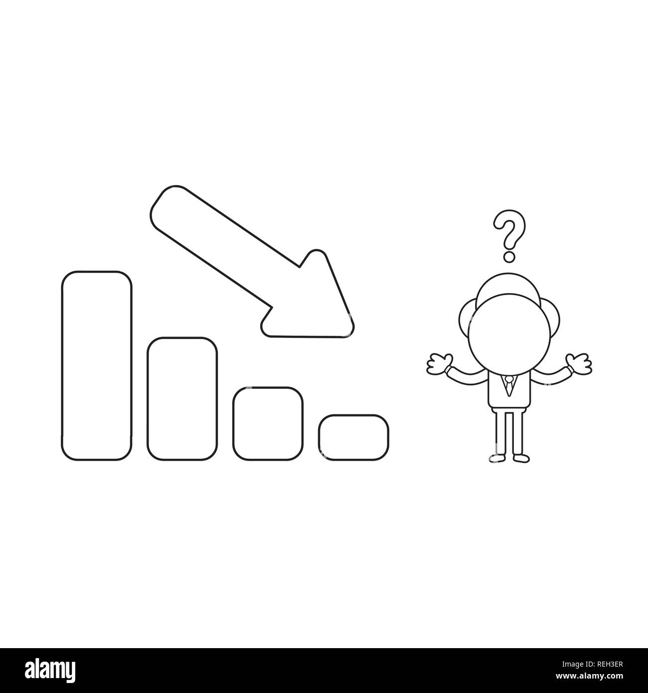 Vector illustration confused businessman character with sales bar chart ...