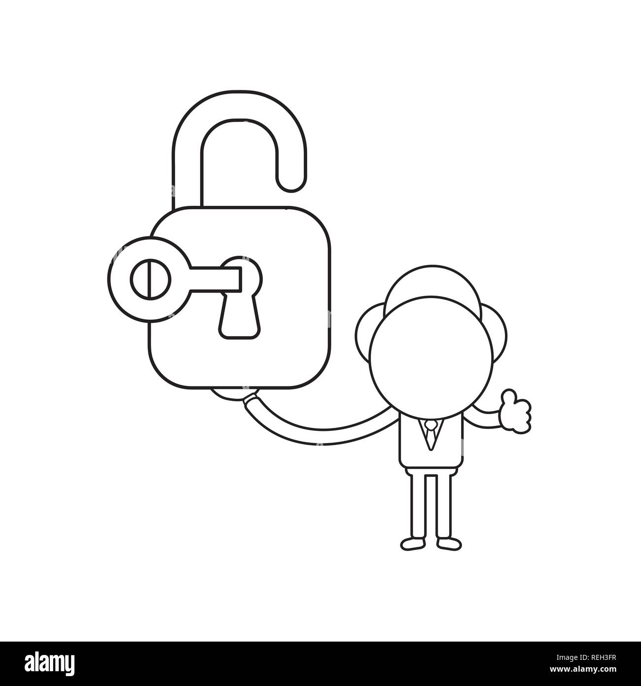 Vector illustration businessman character holding open padlock with key ...