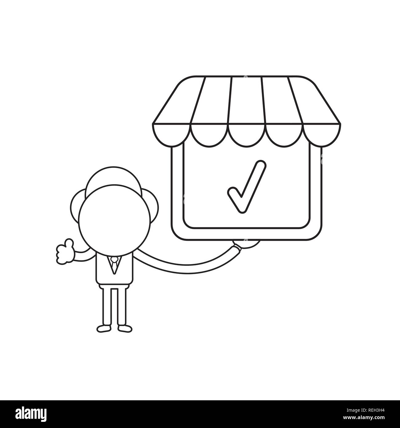 Vector illustration businessman character holding shop store with check ...