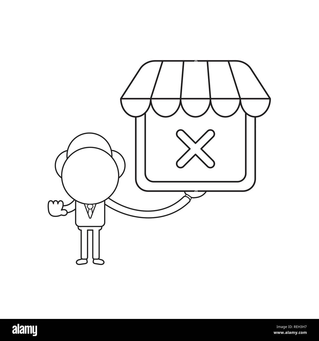 Vector illustration businessman character holding shop store with x ...