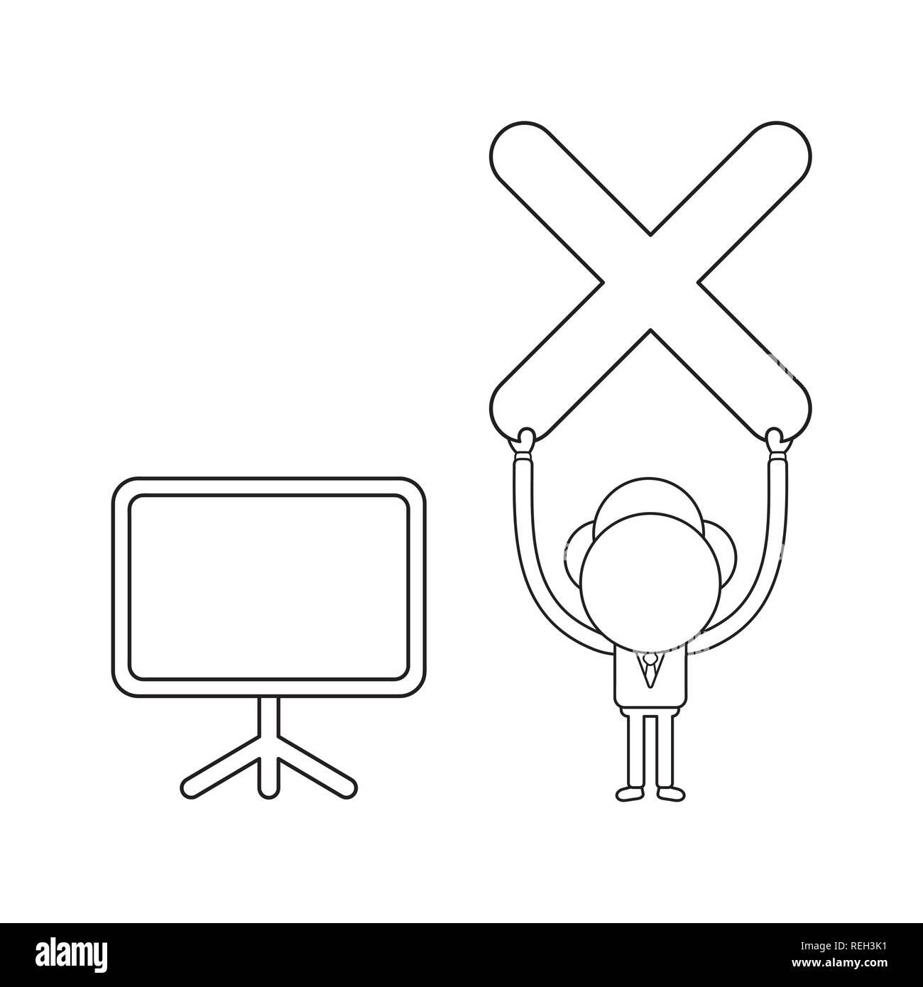 Vector illustration businessman character holding up x mark with blank ...