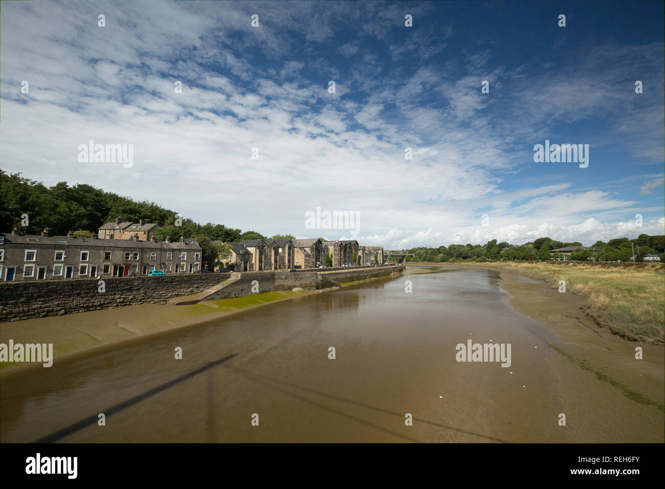 The view downstream from the Lune Millenium Bridge that spans the River ...
