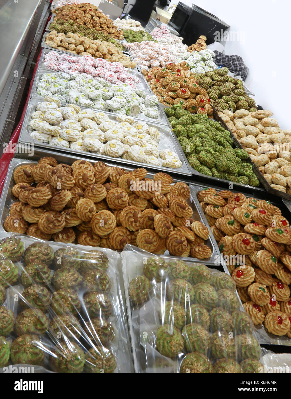 shop with many cookis with almonds or candied fruits in Italy Stock ...