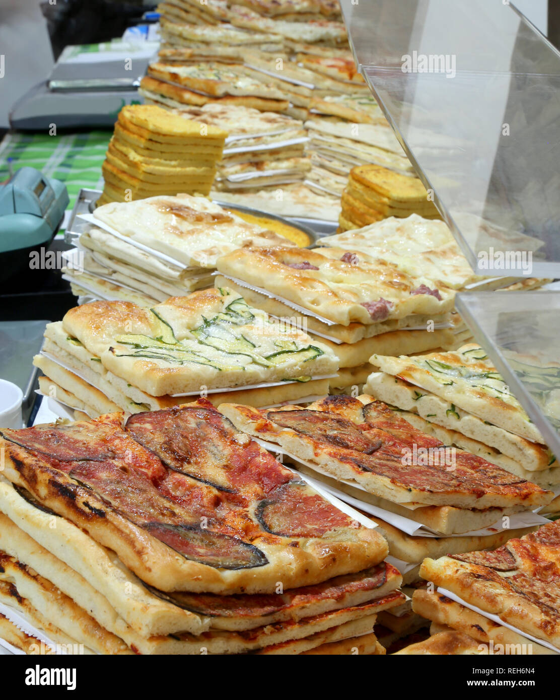 shop counter specialized in focaccia and stuffed pizzas in Italy Stock ...