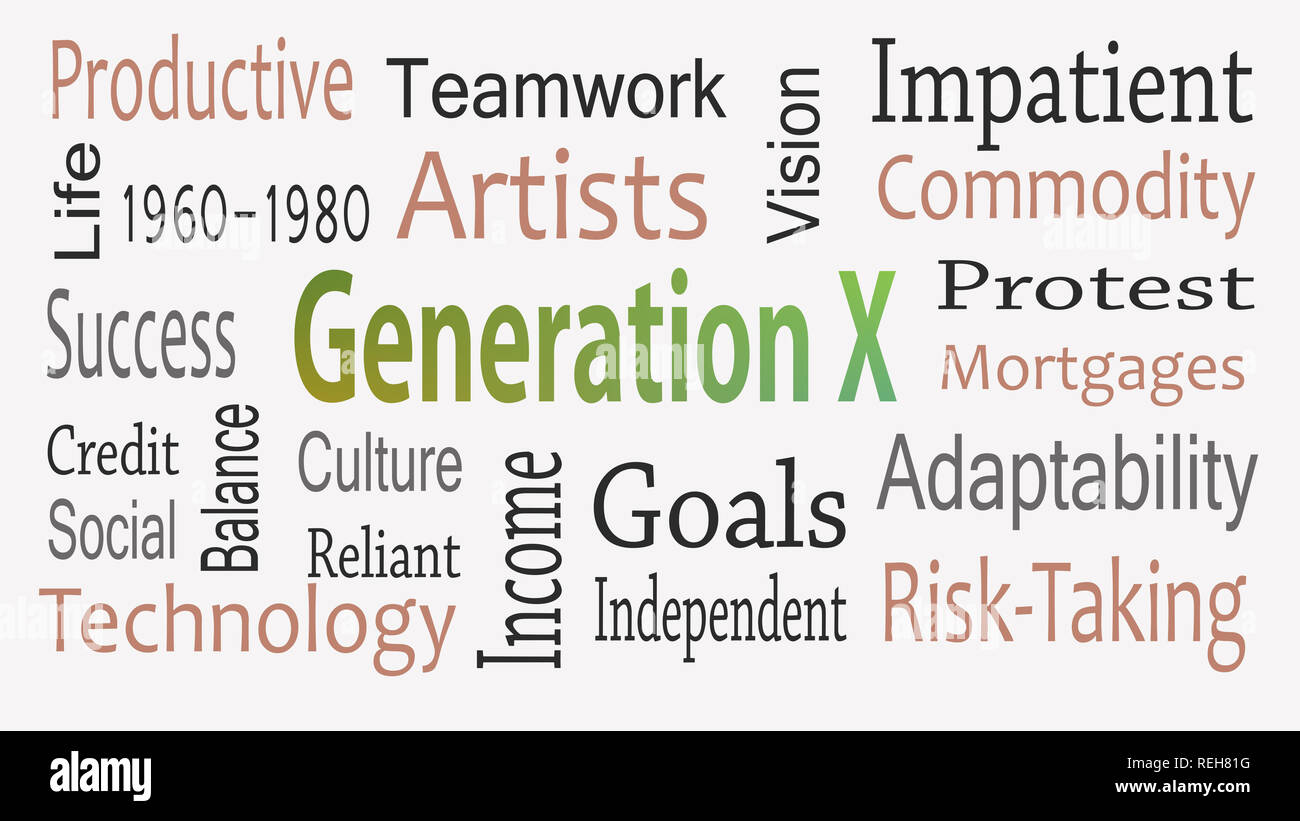 Generation X word cloud concept with great terms such as now Stock ...