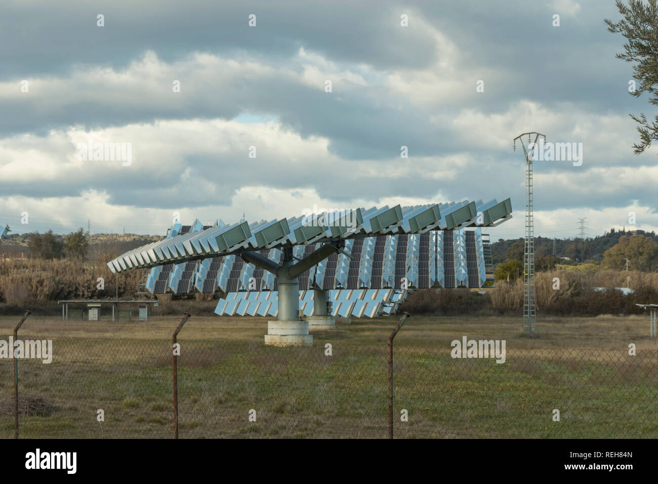 Photovoltaic solar panel in a solar orchard, seen from a side on a ...