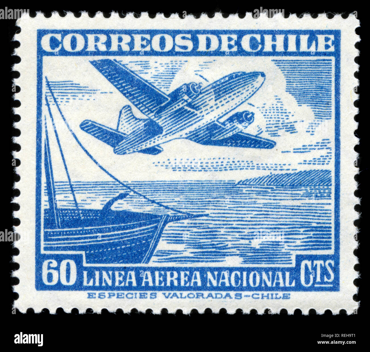 Postage stamp from Chile in the Airplanes LAN series issued in 1953 ...