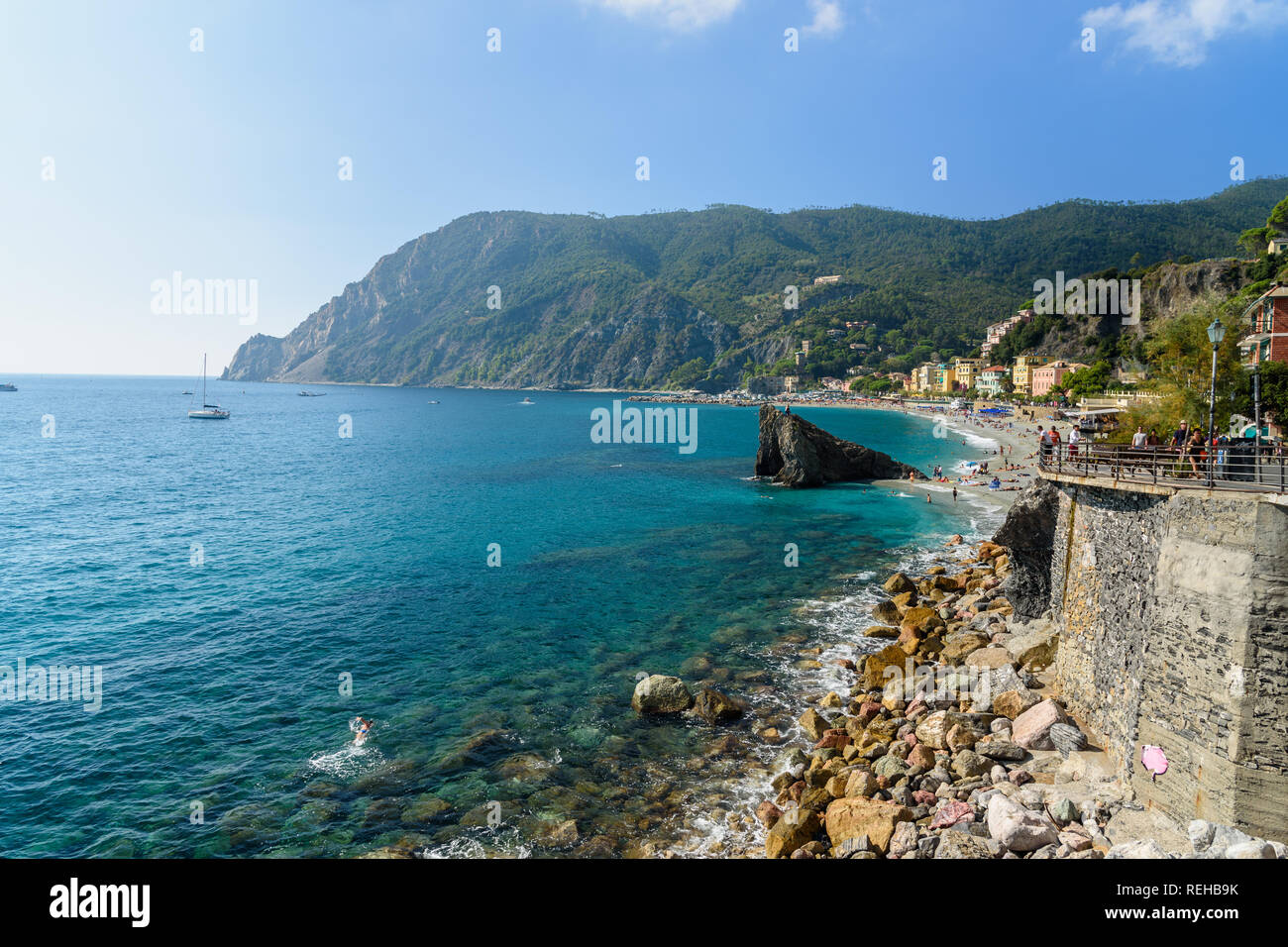 Monterosso al mare, Italy - October 13, 2018: View of beach with cliff ...