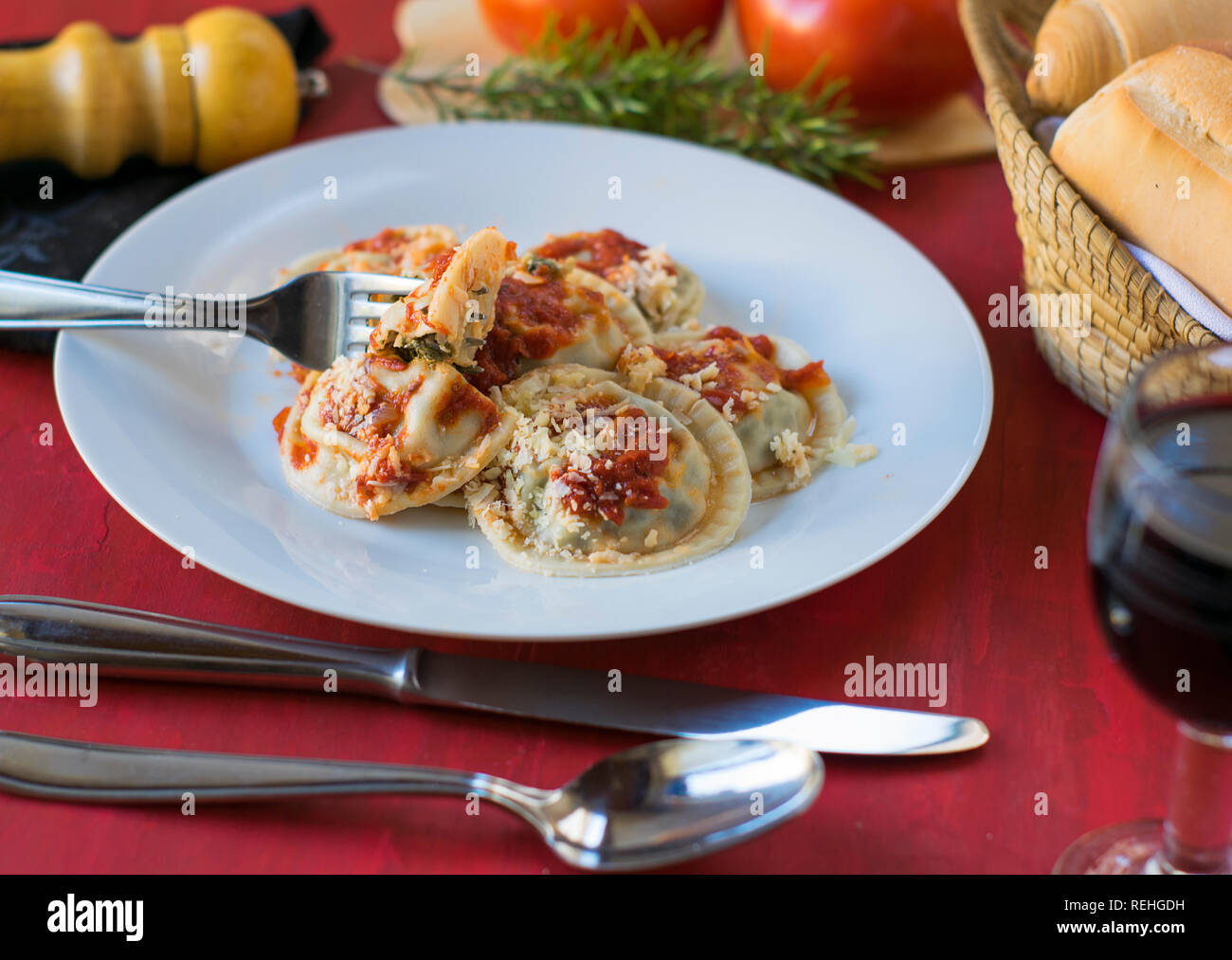 Making homemade pasta: Large round ravioli (Sorrentino) cooked, served ...