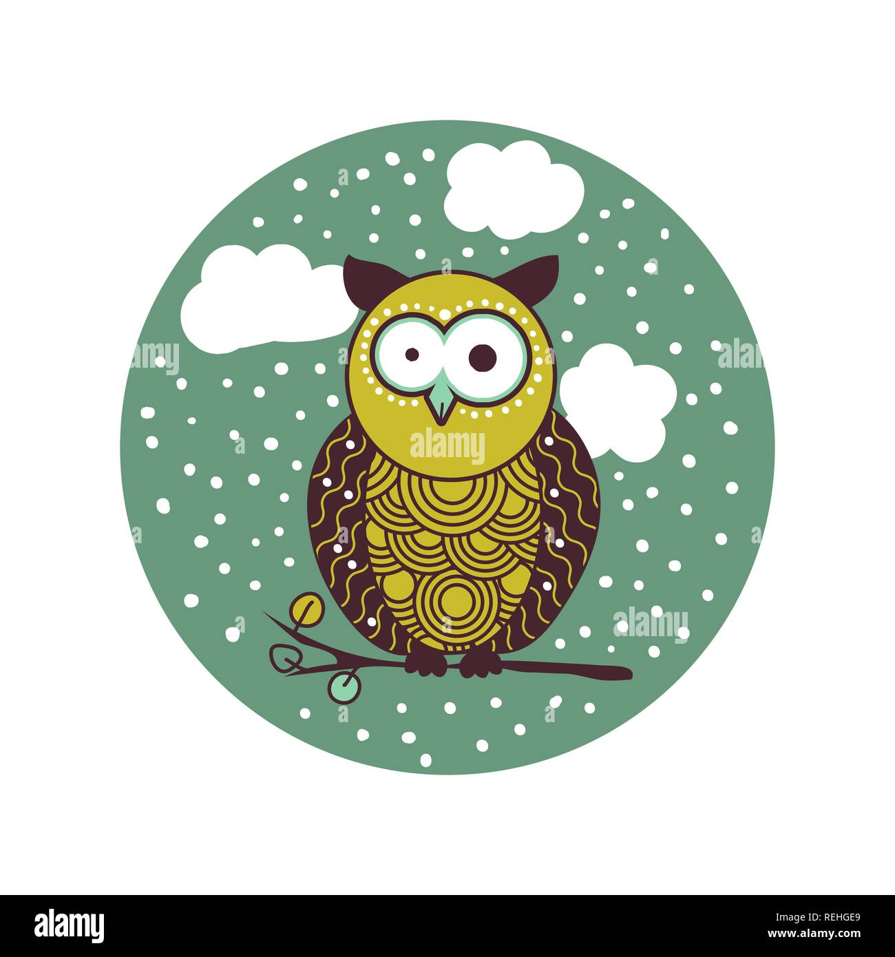 Cute shocked cartoon owl in winter. Snowfall and snowflakes. Isolated ...