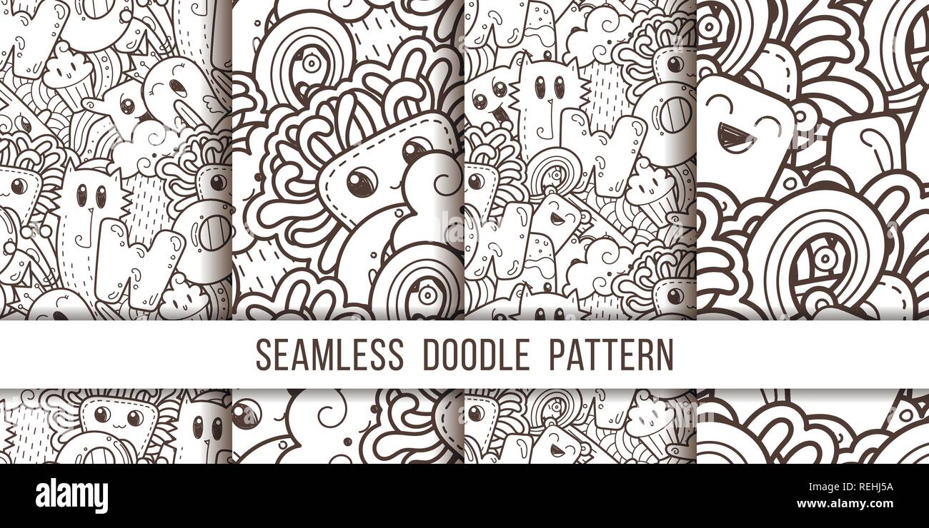 Collection of seamless vector patterns with cute cartoon monsters and ...