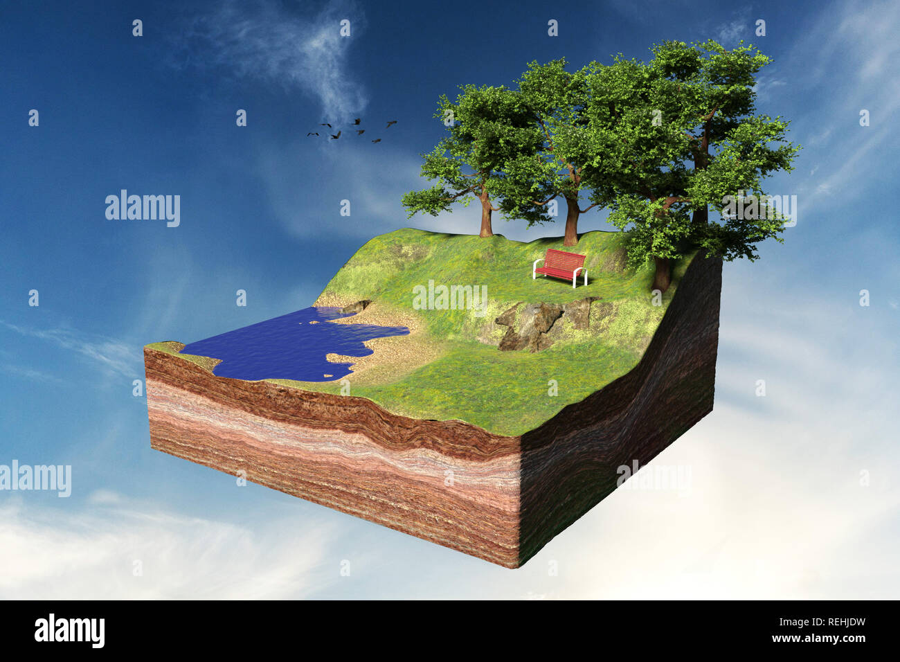 cross section of ground with lake, forest, beach and bench, idyllic ...