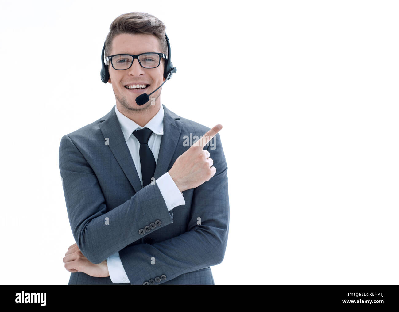 the call center operator points a finger to the side Stock Photo - Alamy