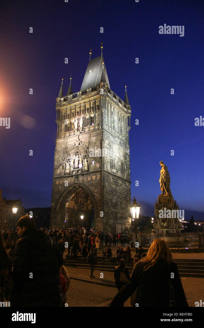 Prague, Czech Republic - May 2016: Night view of the Old Town Bridge ...