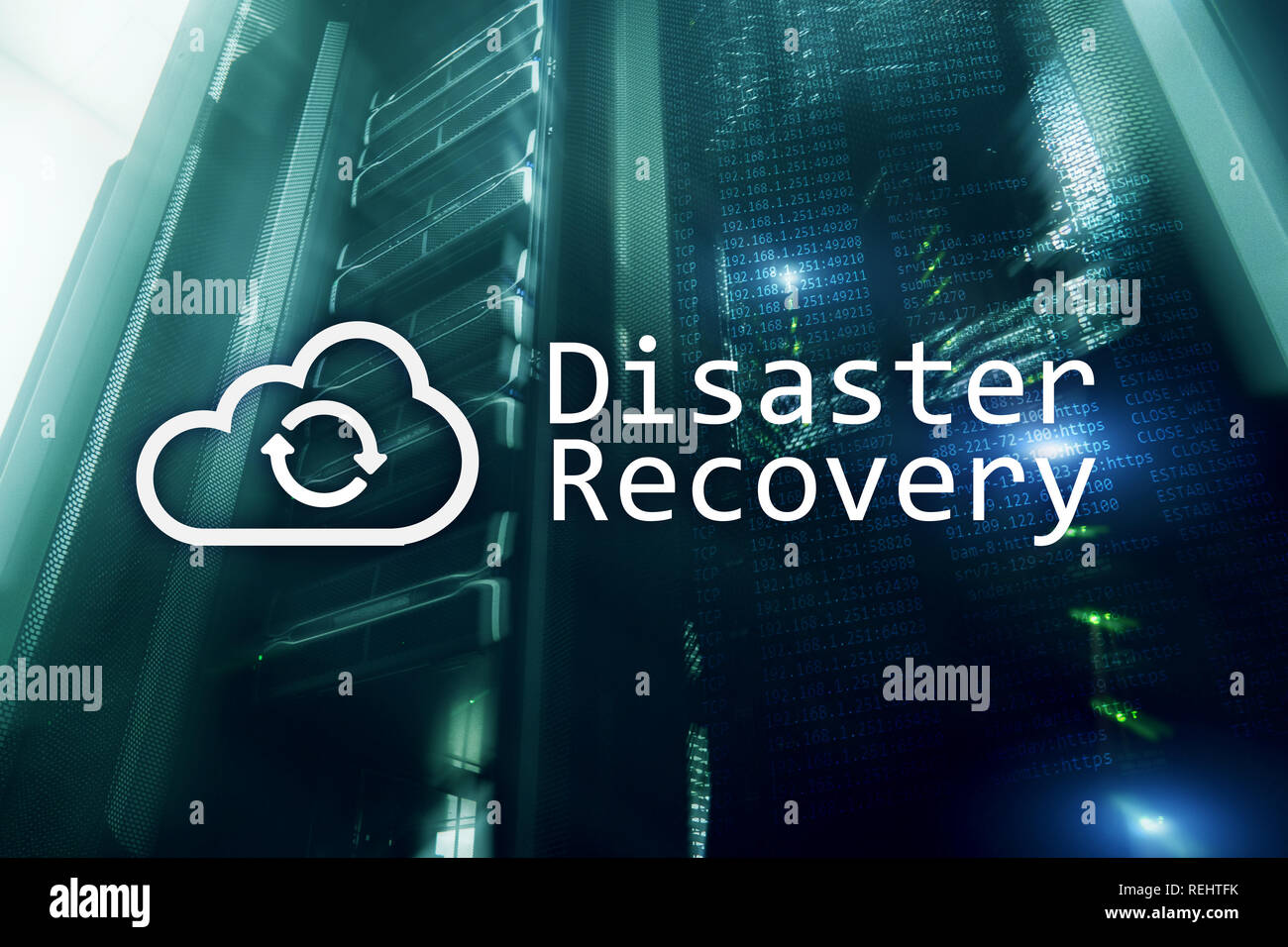 DIsaster recovery. Data loss prevention. Server room on background ...
