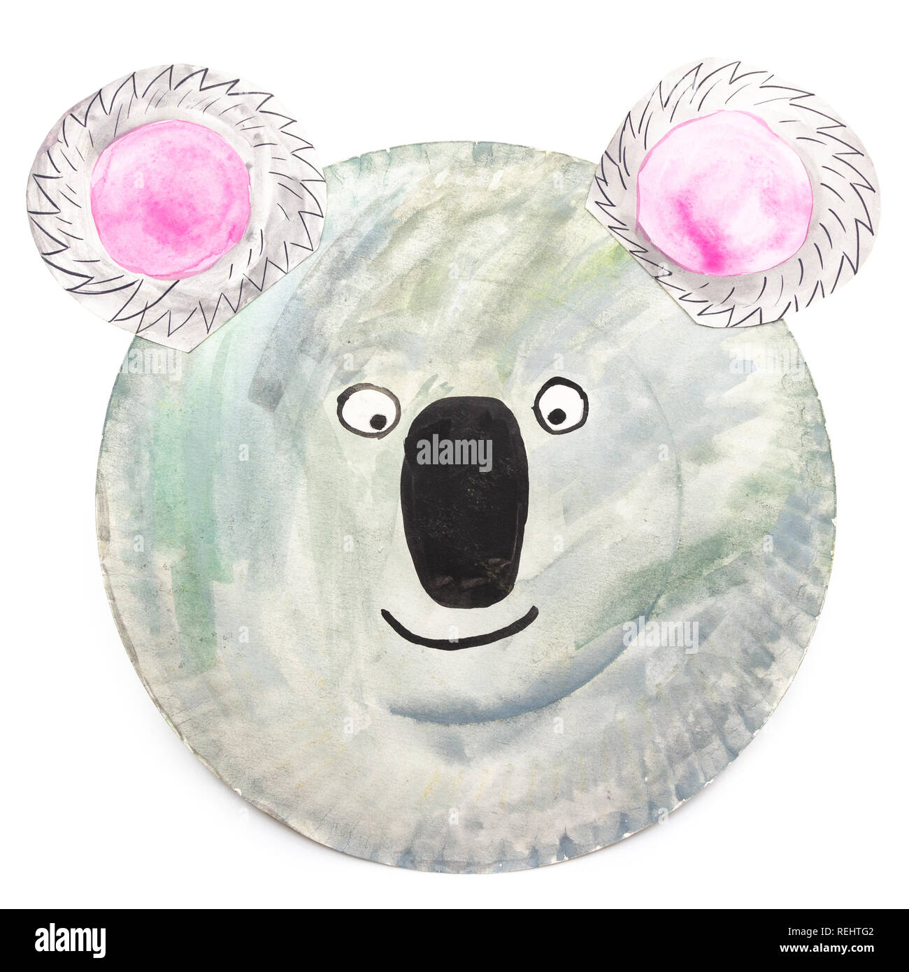 Hand-painted koala carnival mask, on paper plate, isolated on white ...