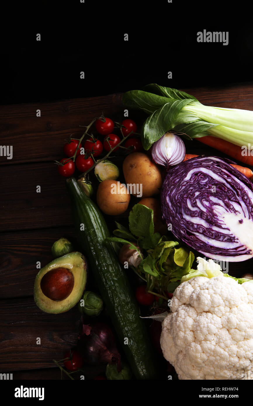 Composition with variety of raw organic vegetables and fruits. Balanced ...