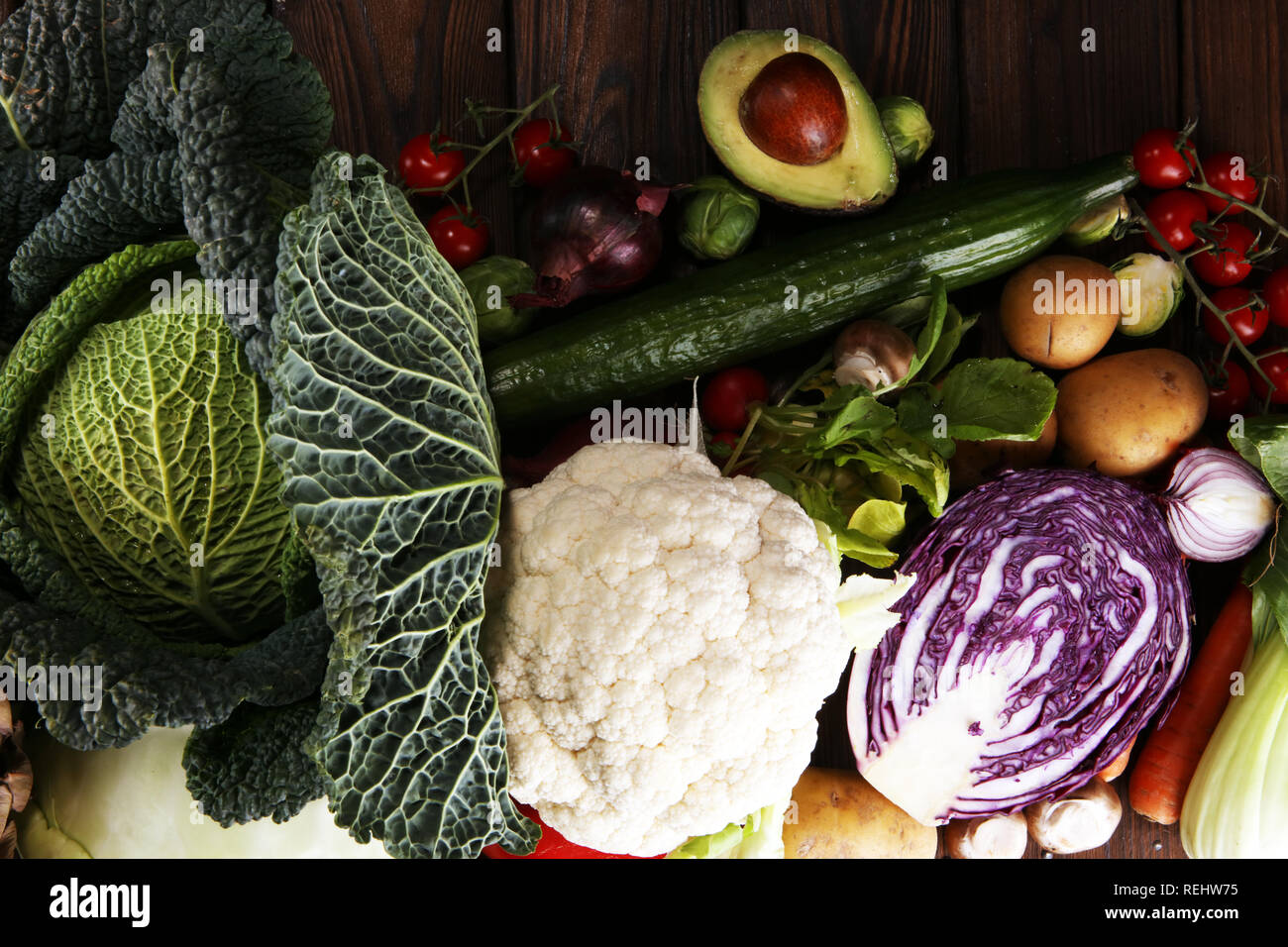 Composition with variety of raw organic vegetables and fruits. Balanced ...