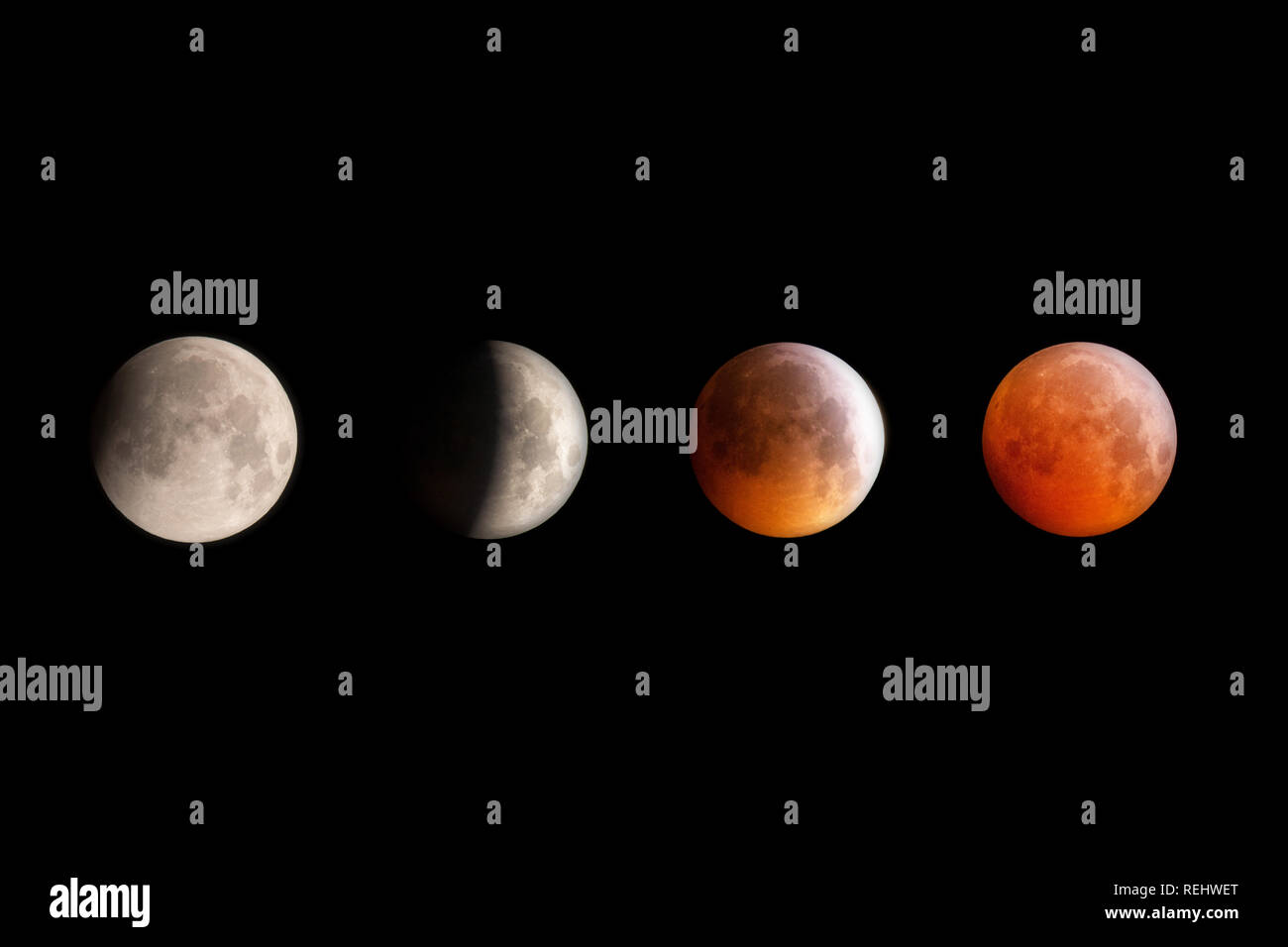 Lunar eclipse composite showing various stages of the event, Cornwall ...
