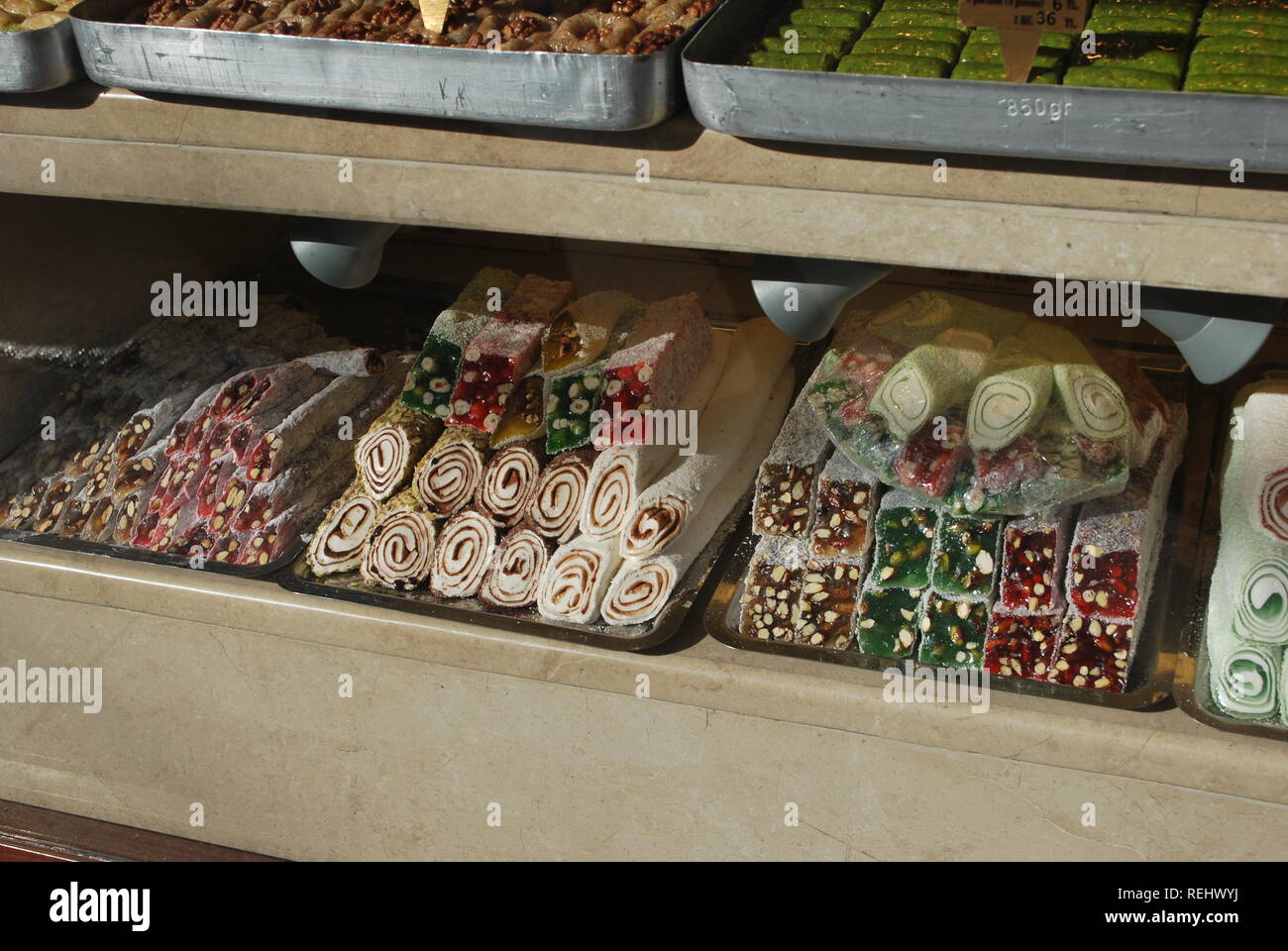 A window display of Turkish delight in historic Istanbul, Turkey Stock ...