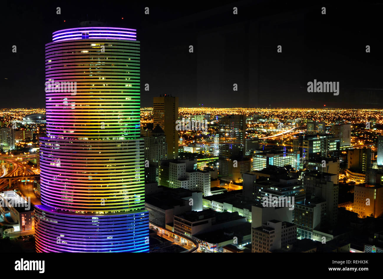 Aerial miami downtown illuminated night hi-res stock photography and ...