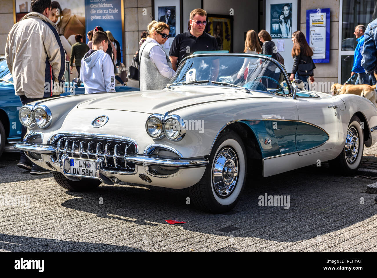 GERMANY, LIMBURG - APR 2017: white blue CHEVROLET CORVETTE C1 ...