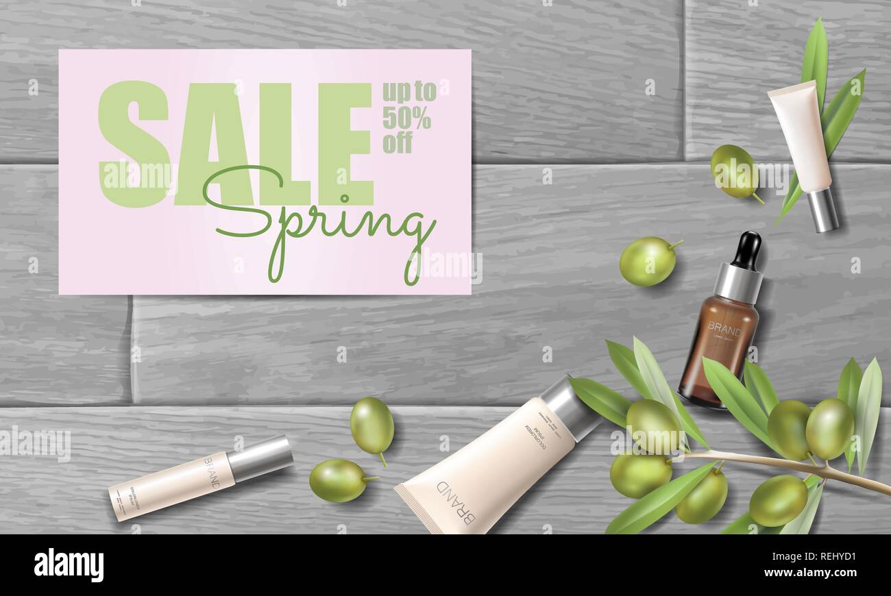 Realistic organic olive oil cosmetics ad. Natural essence farm plant ...