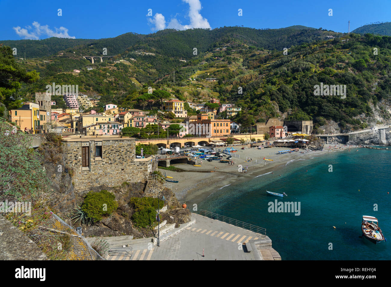 View of beach in Monterosso al mare in coastline of Liguria. Cinque ...
