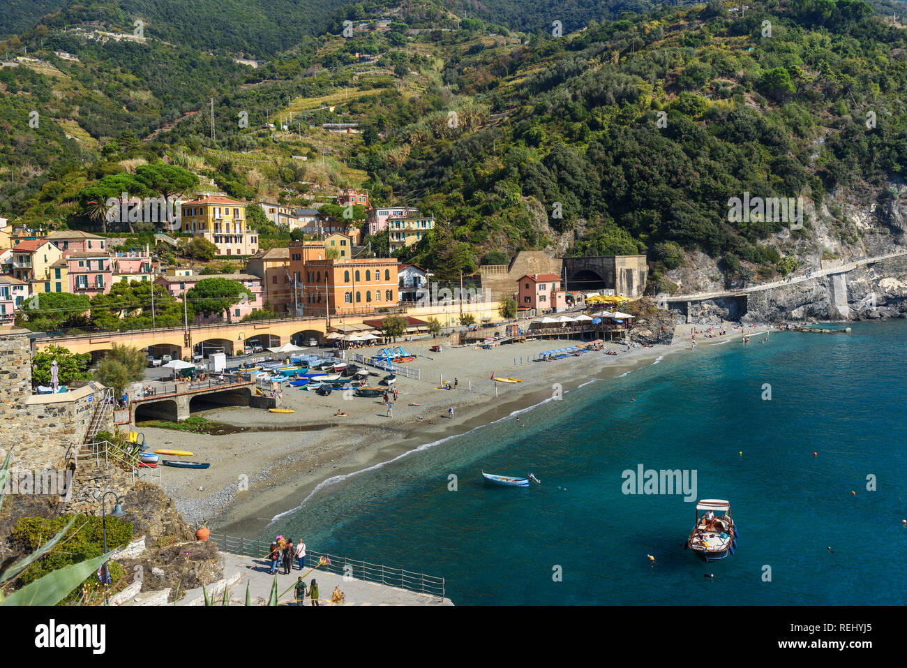 View of beach in Monterosso al mare in coastline of Liguria. Cinque ...
