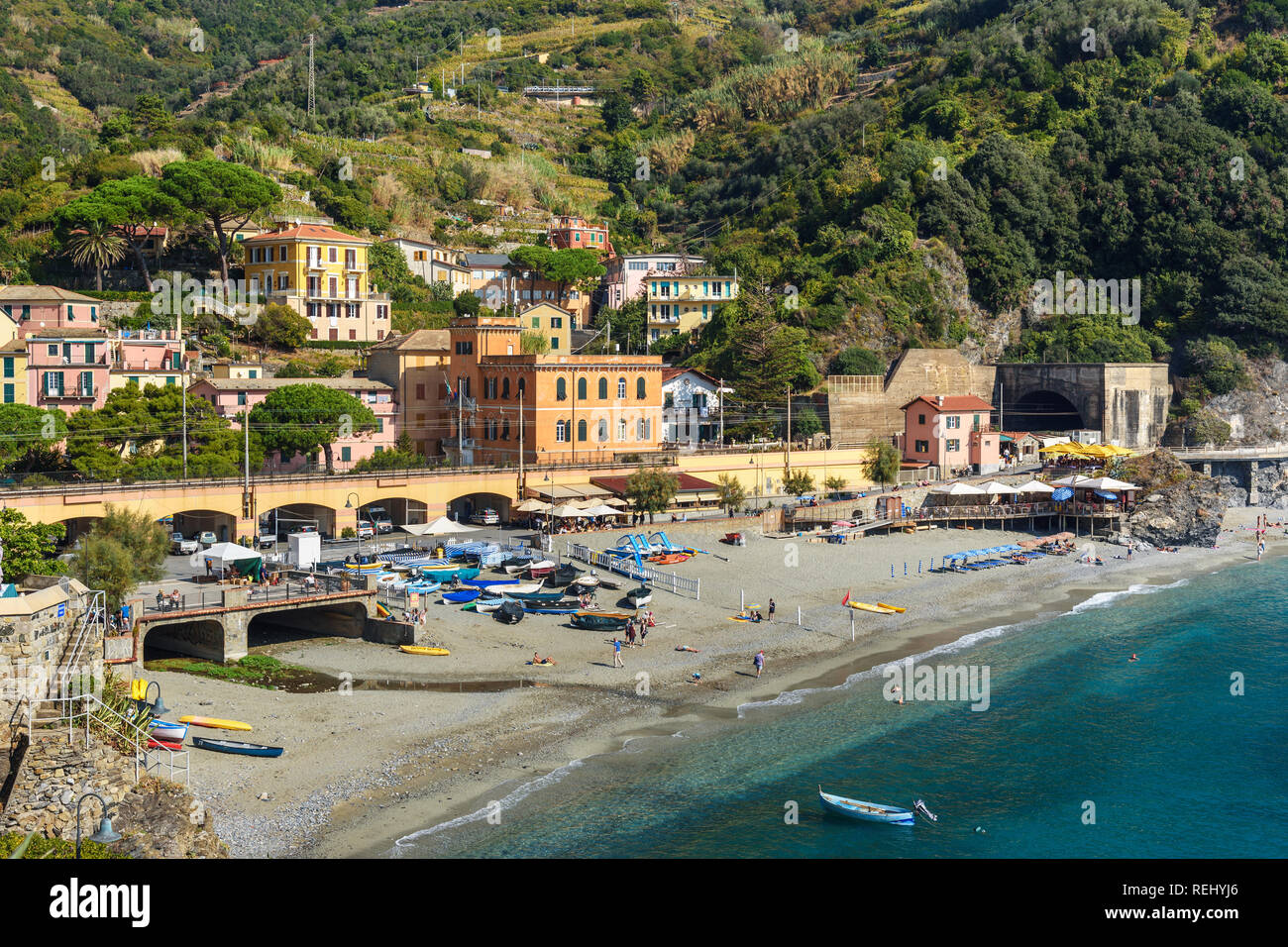 View of beach in Monterosso al mare in coastline of Liguria. Cinque ...