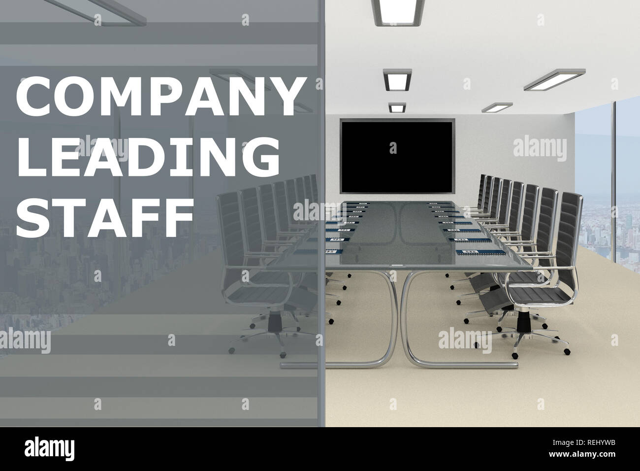 3D illustration of COMPANY LEADING STAFF title on a glass compartment ...