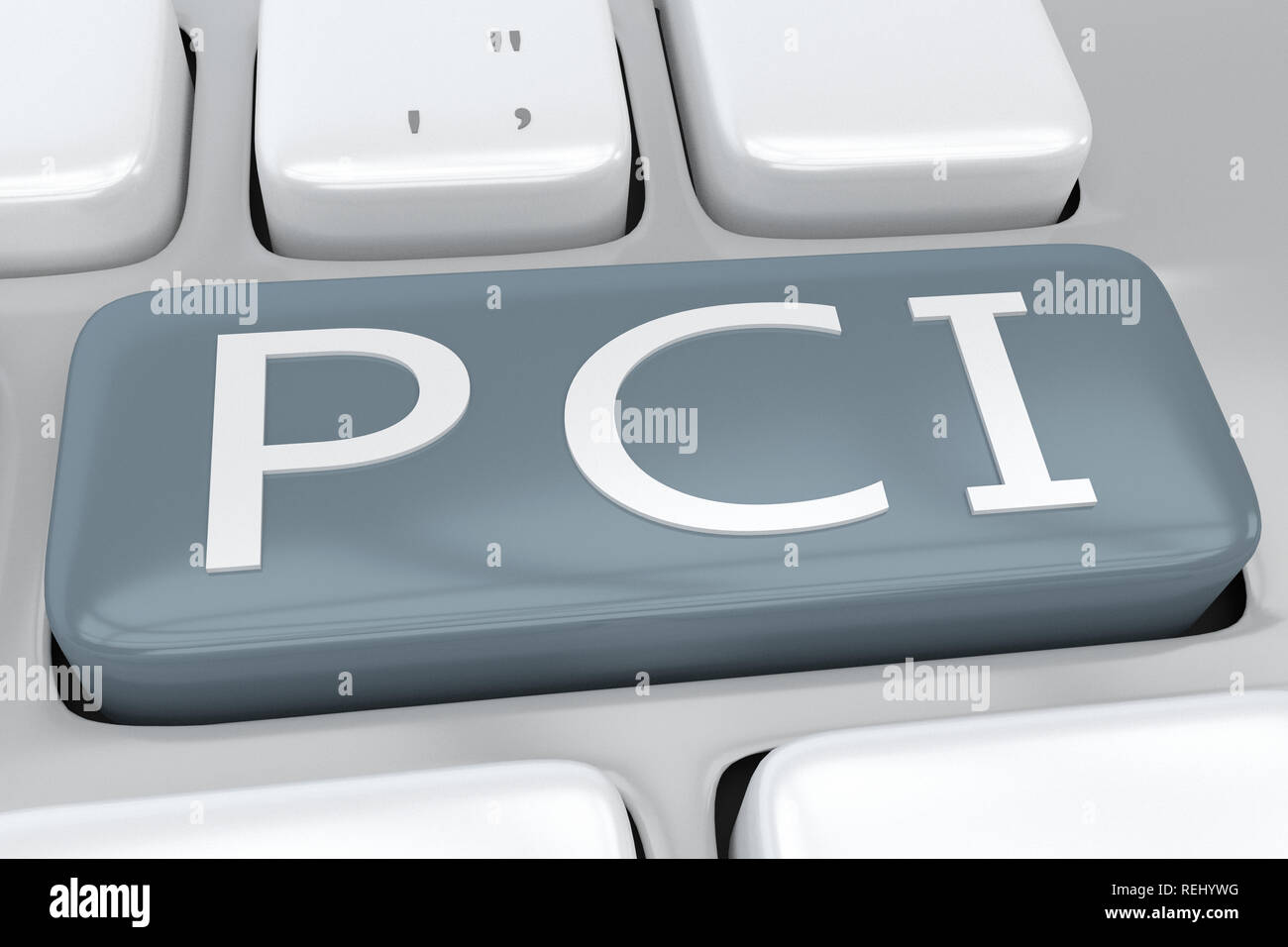 3D illustration of computer keyboard with the script PCI on agray ...